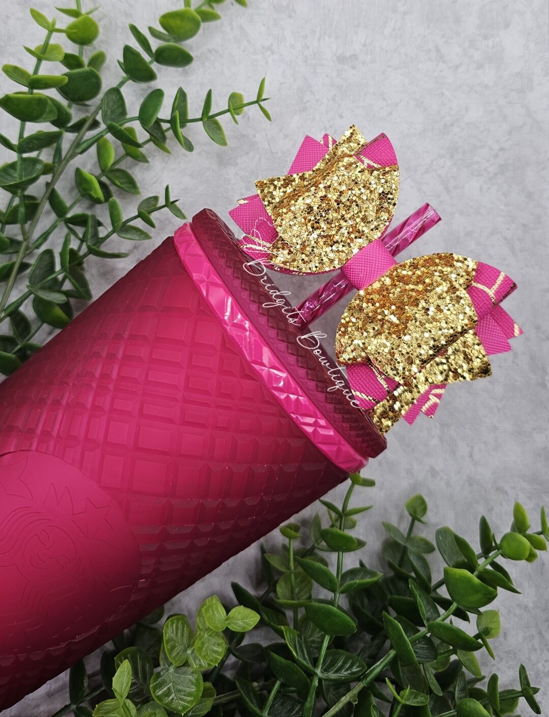 Gold & Fuschia Glitter Straw Bow Stanley Bow Topper Straw Bow Topper ...