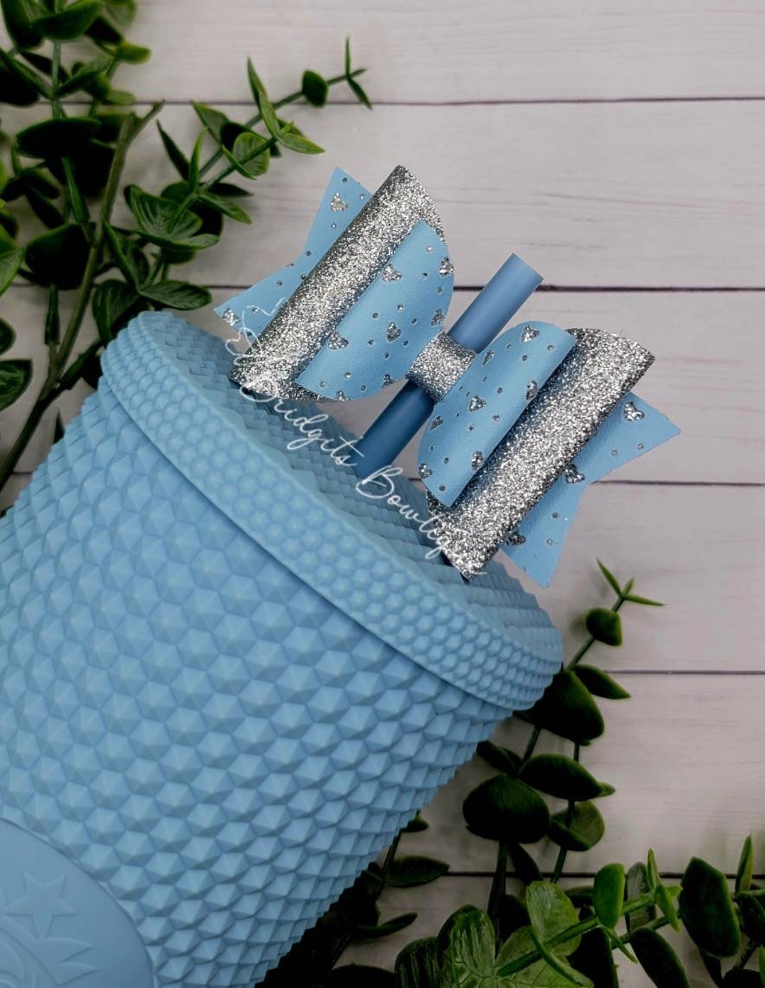 Blue Embossed Heart & Silver Glitter Straw Bow Straw Bow Topper Straw ...