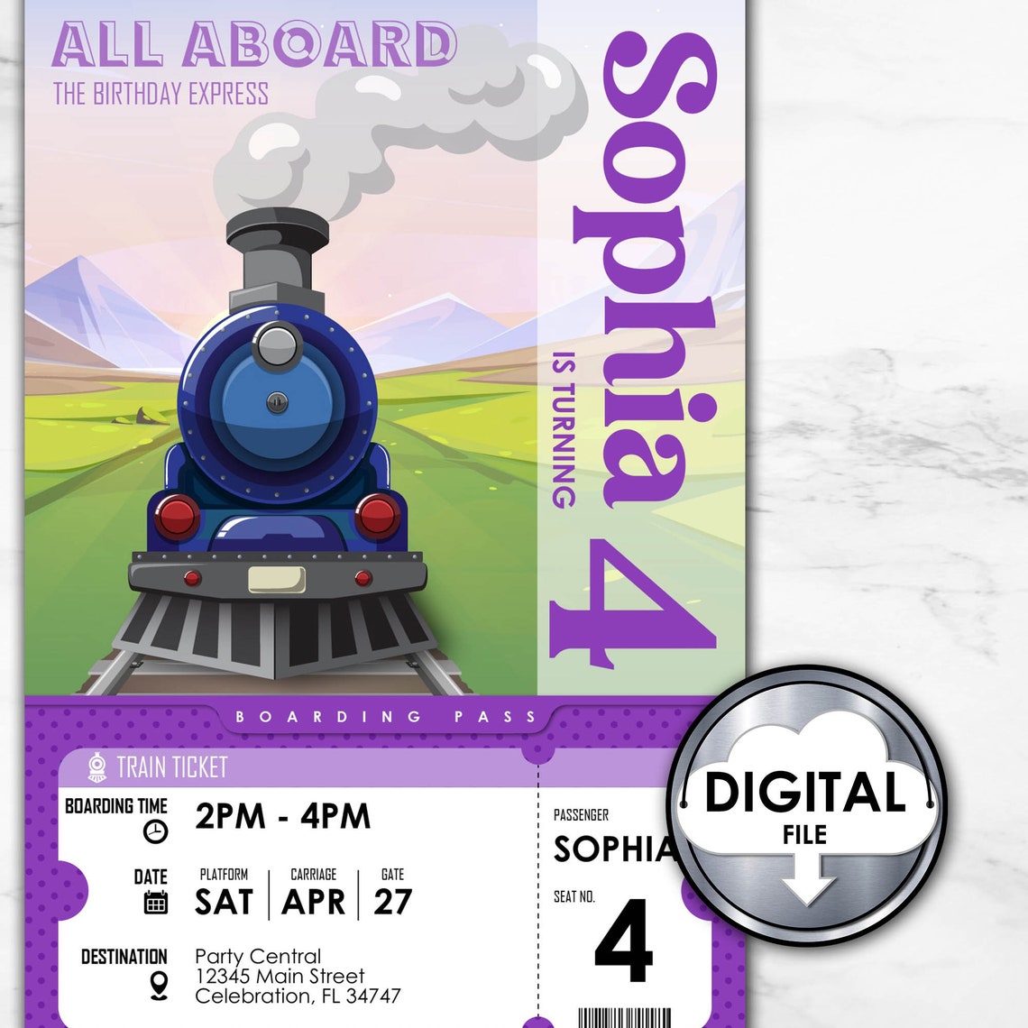 Editable Choo Choo Train Express Ticket Birthday Invitation Digital ...