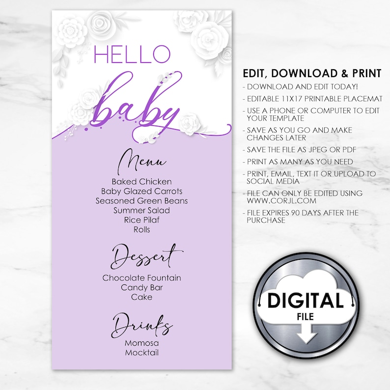Editable Baby Shower Digital Menu Program Modern Simple Floral Elegant ...