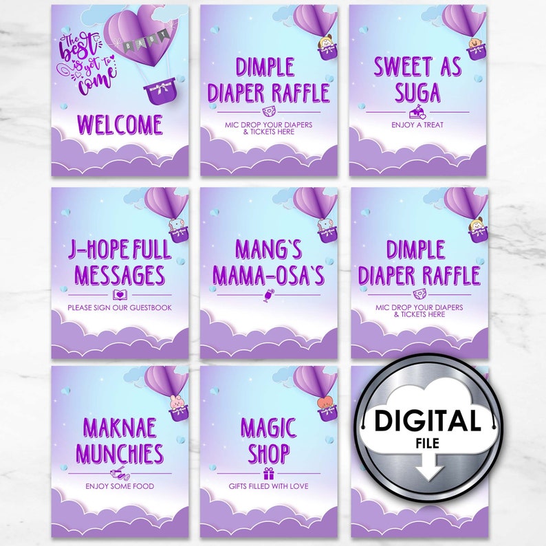 Baby Shower Table Signs: Purple Hot Air Balloon Theme (digital Download ...