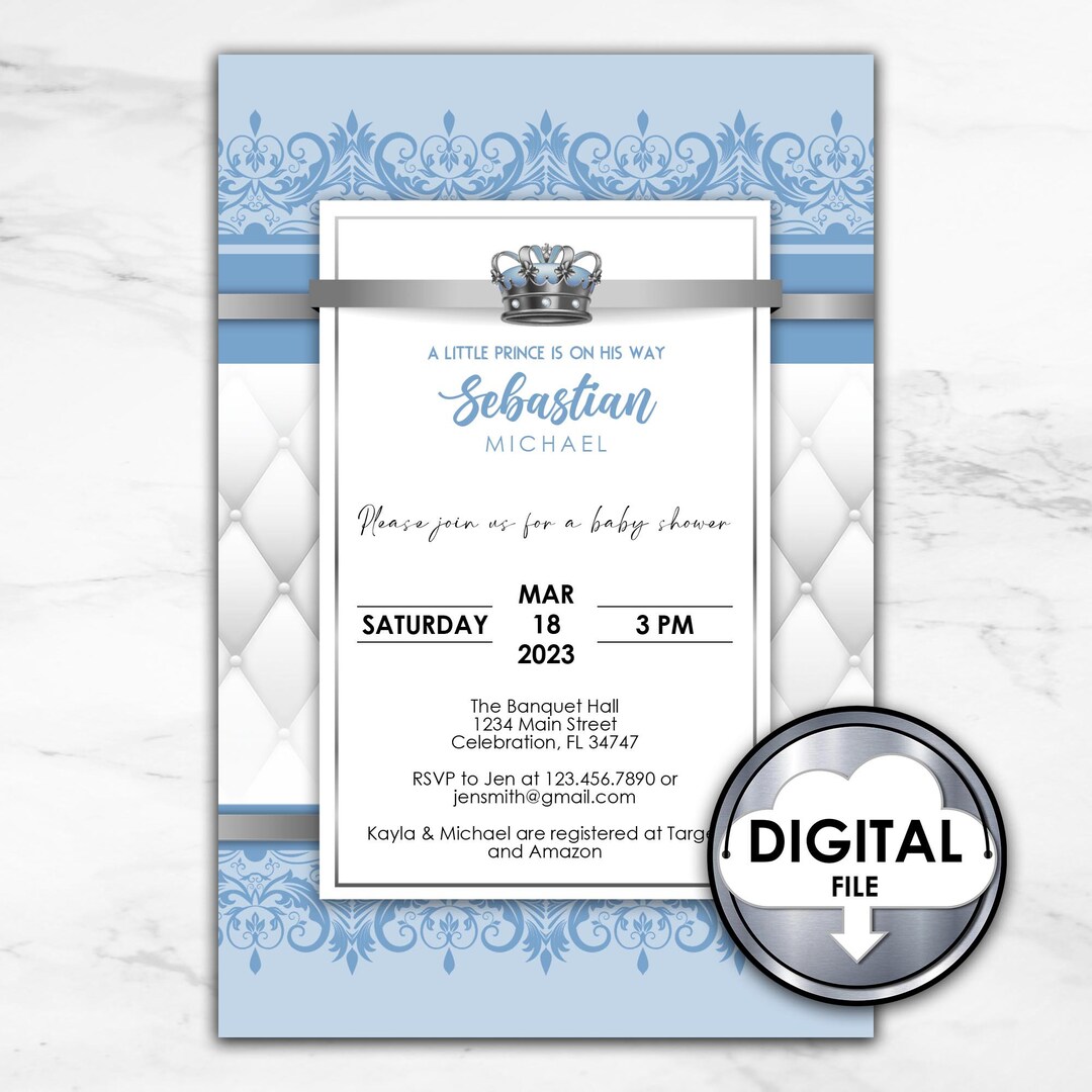 Editable A Little Prince Baby Shower Digital Invitation Baby Blue Grey ...