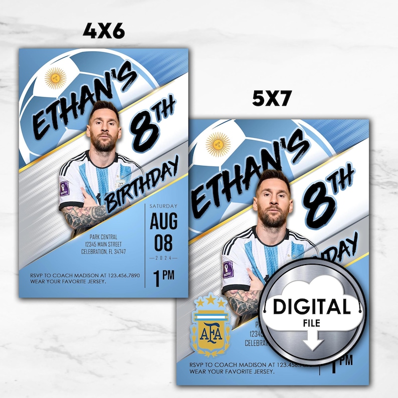 Personalized Soccer Football Argentina Messi Birthday Party Invitation ...