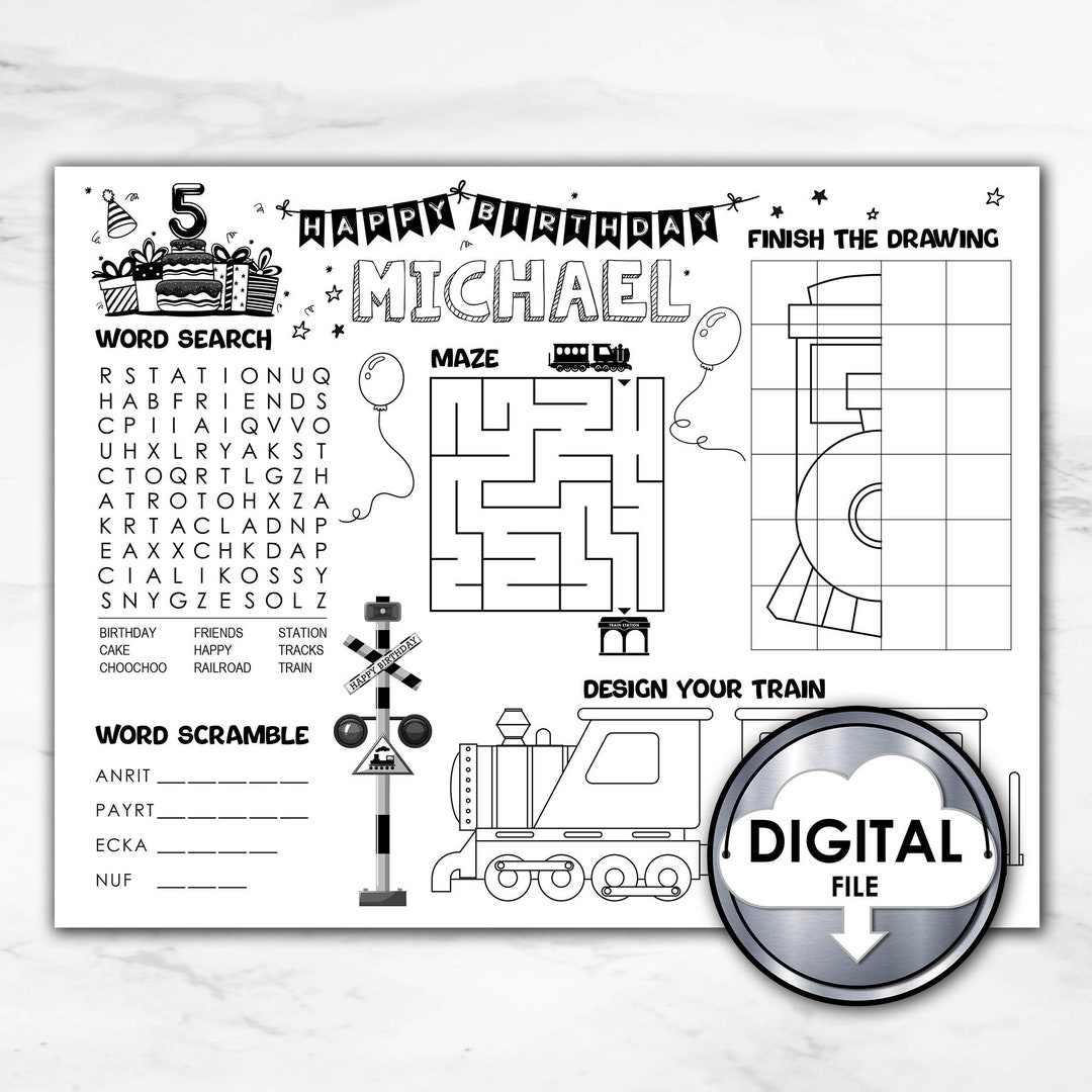 Train Printable Activity and Coloring Pages, Personalized Placemat ...