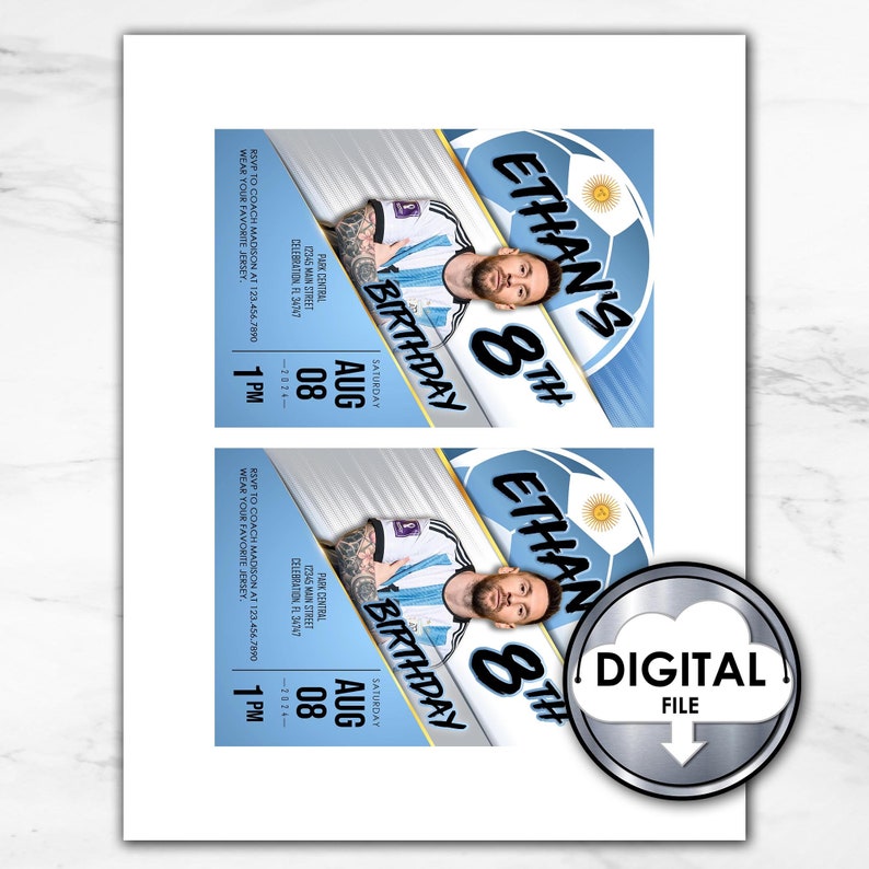 Personalized Soccer Football Argentina Messi Birthday Party Invitation ...