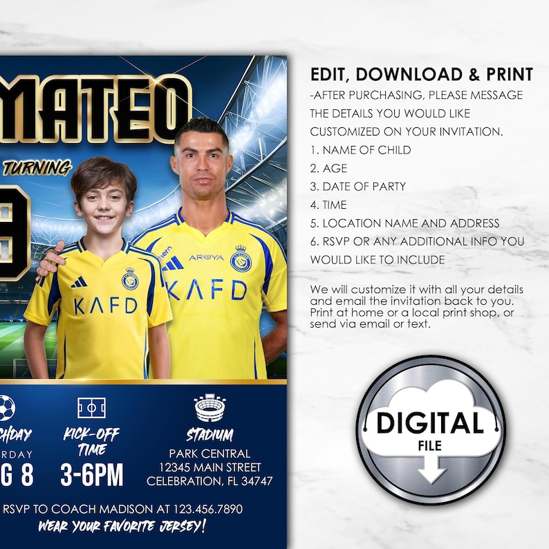 Cristiano Ronaldo Birthday Invitation, Personalized Soccer Party ...