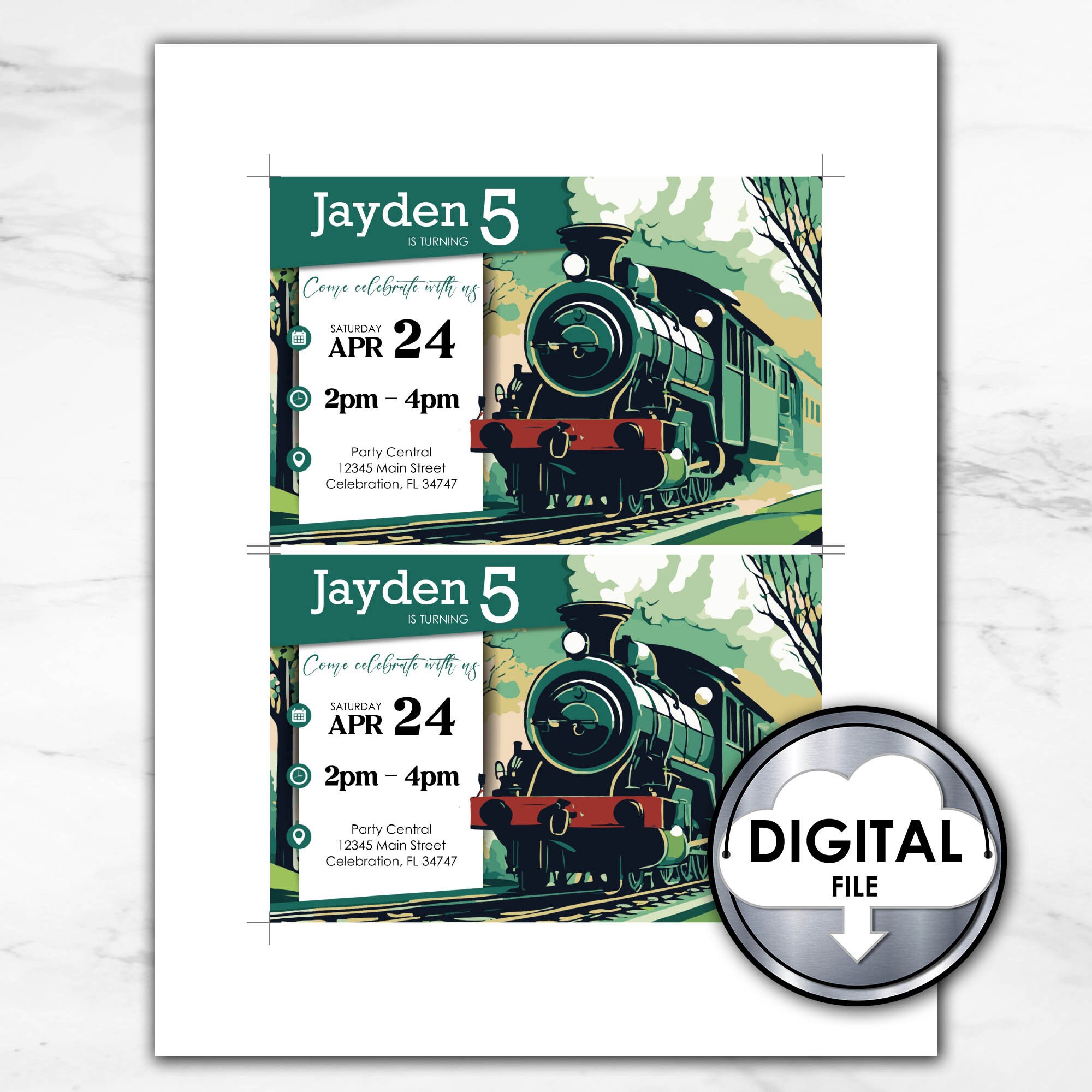Editable Choo Choo Steam Train Express Birthday Invitation Green ...