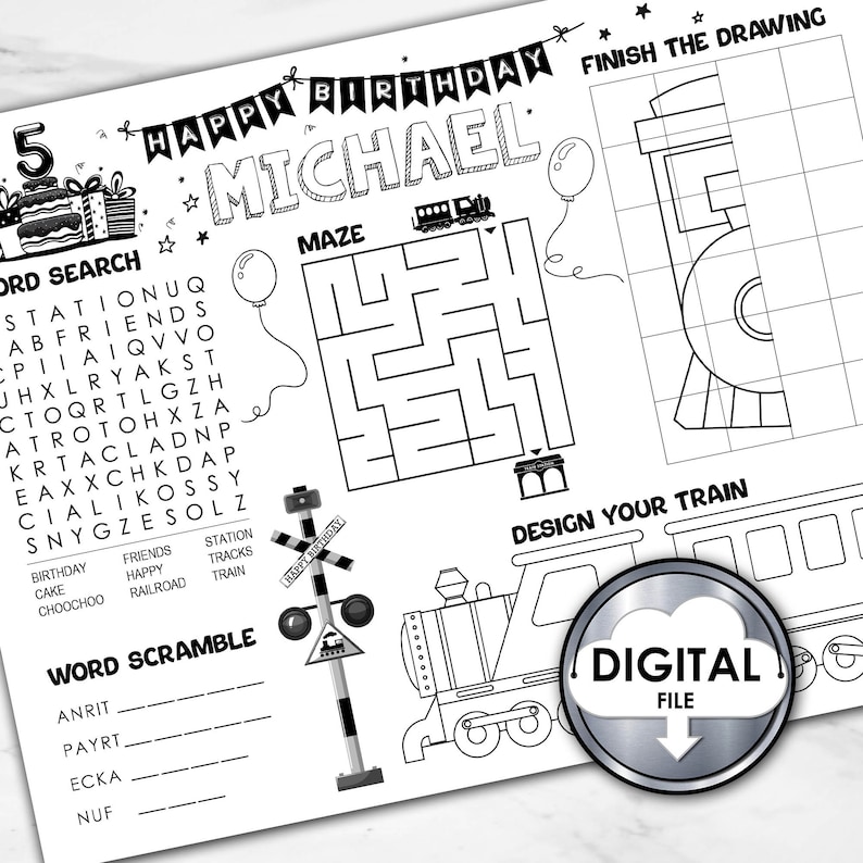 Train Birthday Activity Placemat, Editable Name (digital Template) - Etsy