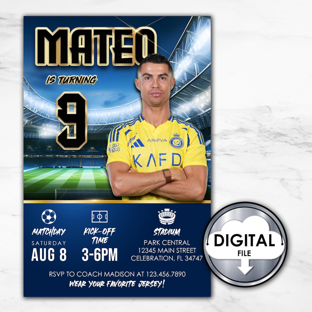 Cristiano Ronaldo Soccer Birthday Invitation, Kids Football Party ...