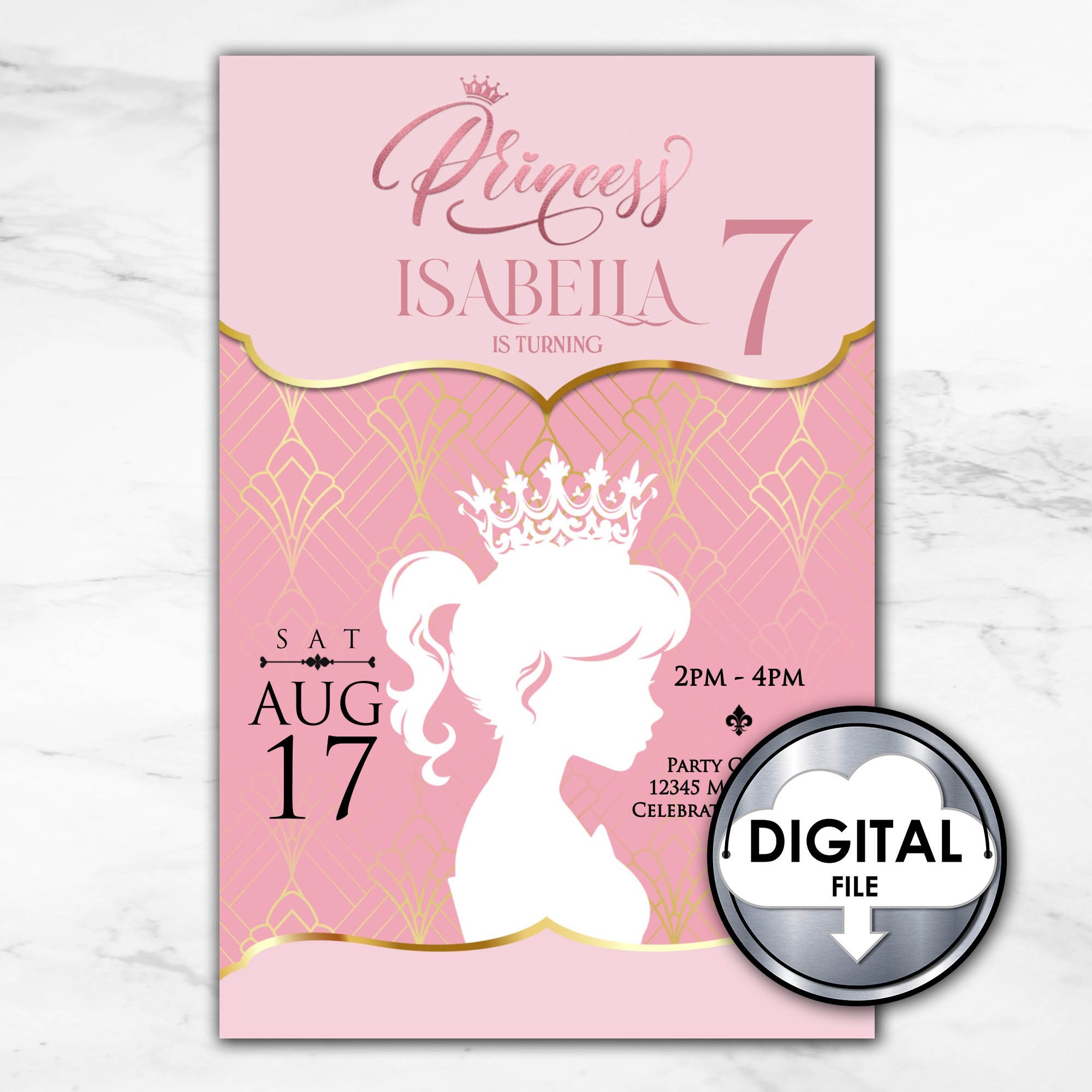 Editable Princess Birthday Digital Printable Invitation Pink Rose Gold ...