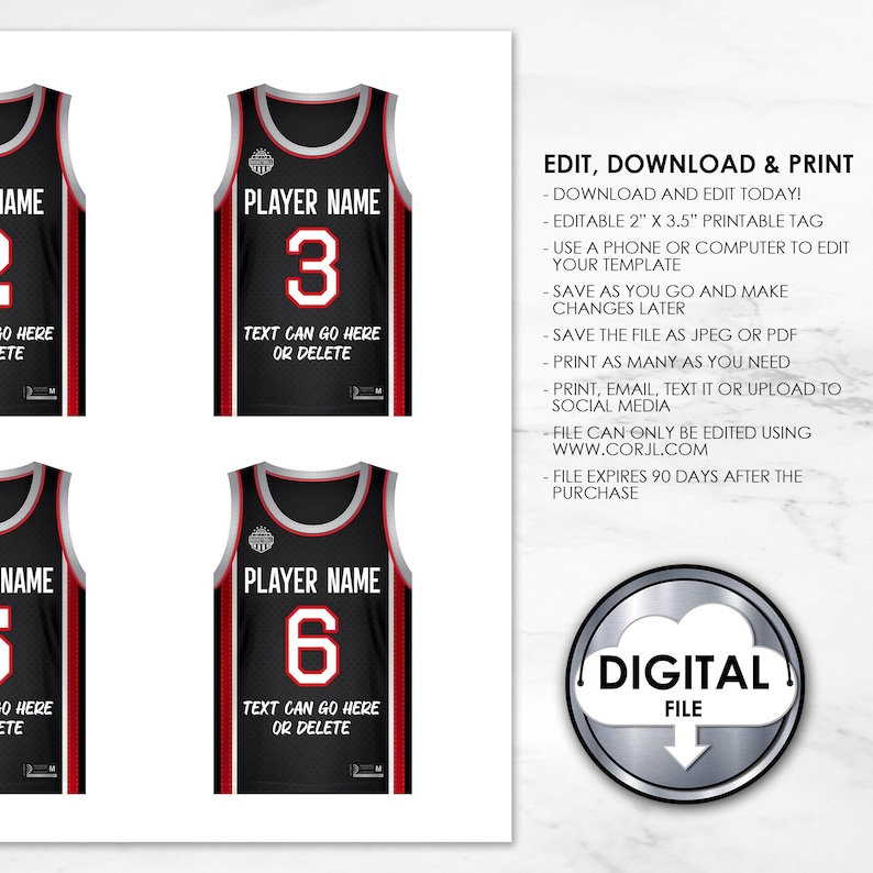 Editable Personalized Basketball Jersey Shaped Favor Tags Team Birthday ...