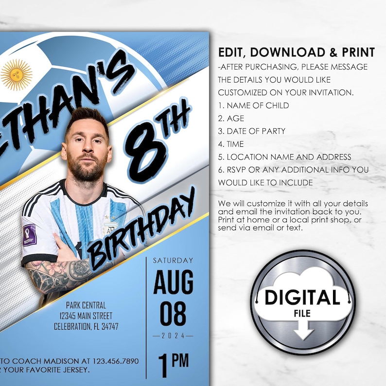 Personalized Soccer Football Argentina Messi Birthday Party Invitation ...