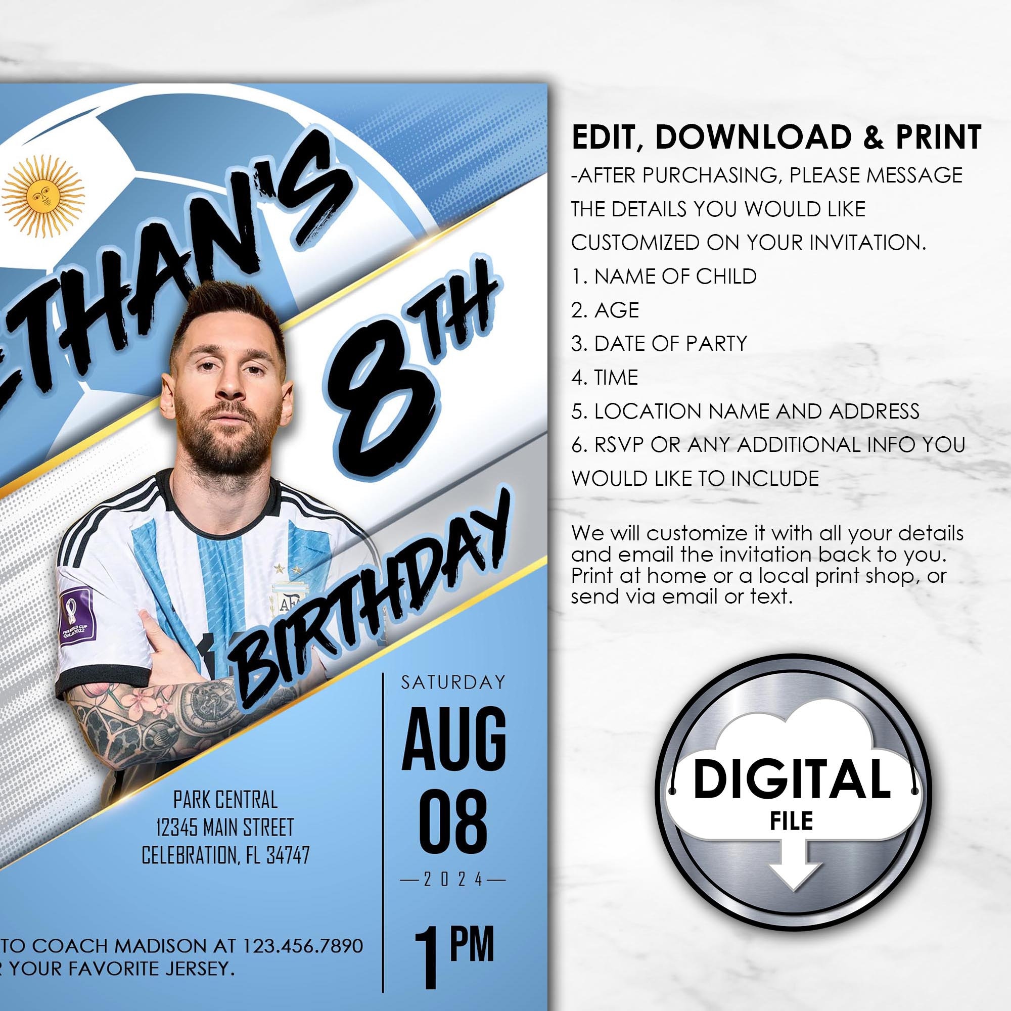 Personalized Soccer Football Argentina Messi Birthday Party Invitation ...