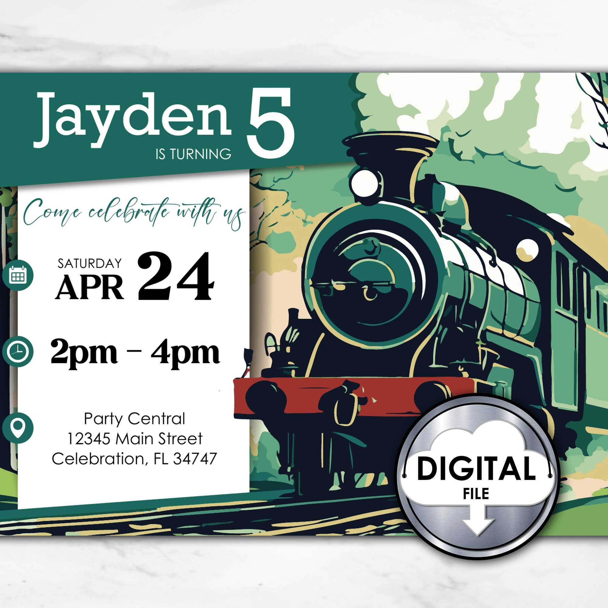 Editable Choo Choo Steam Train Express Birthday Invitation Green ...
