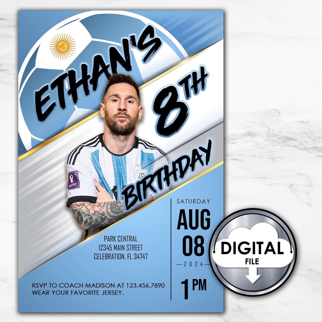 Personalized Soccer Football Argentina Messi Birthday Party Invitation ...