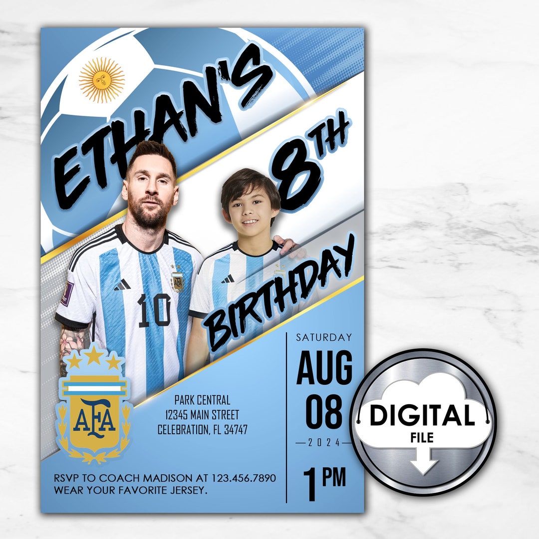 Personalized Soccer Football Argentina Messi Birthday Party Invitation ...