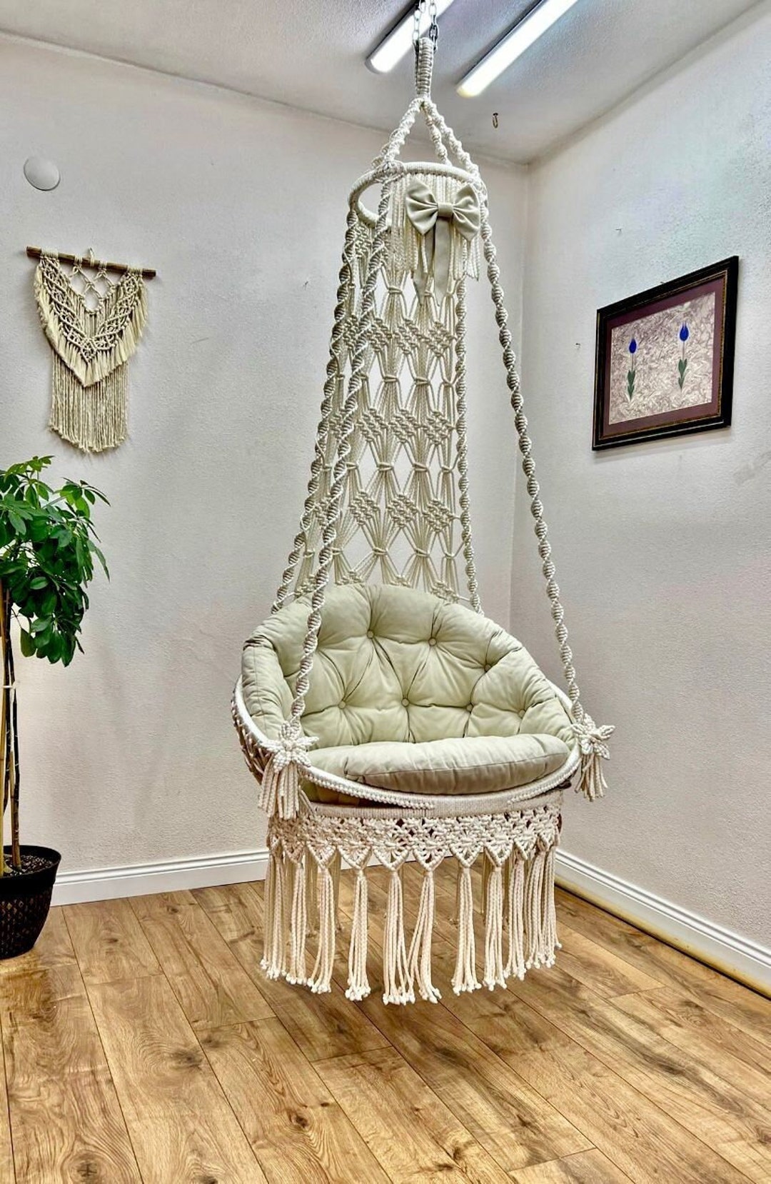 Macrame Swing Chair, Macrame Hanging Round Swing, Hanging Cotton ...