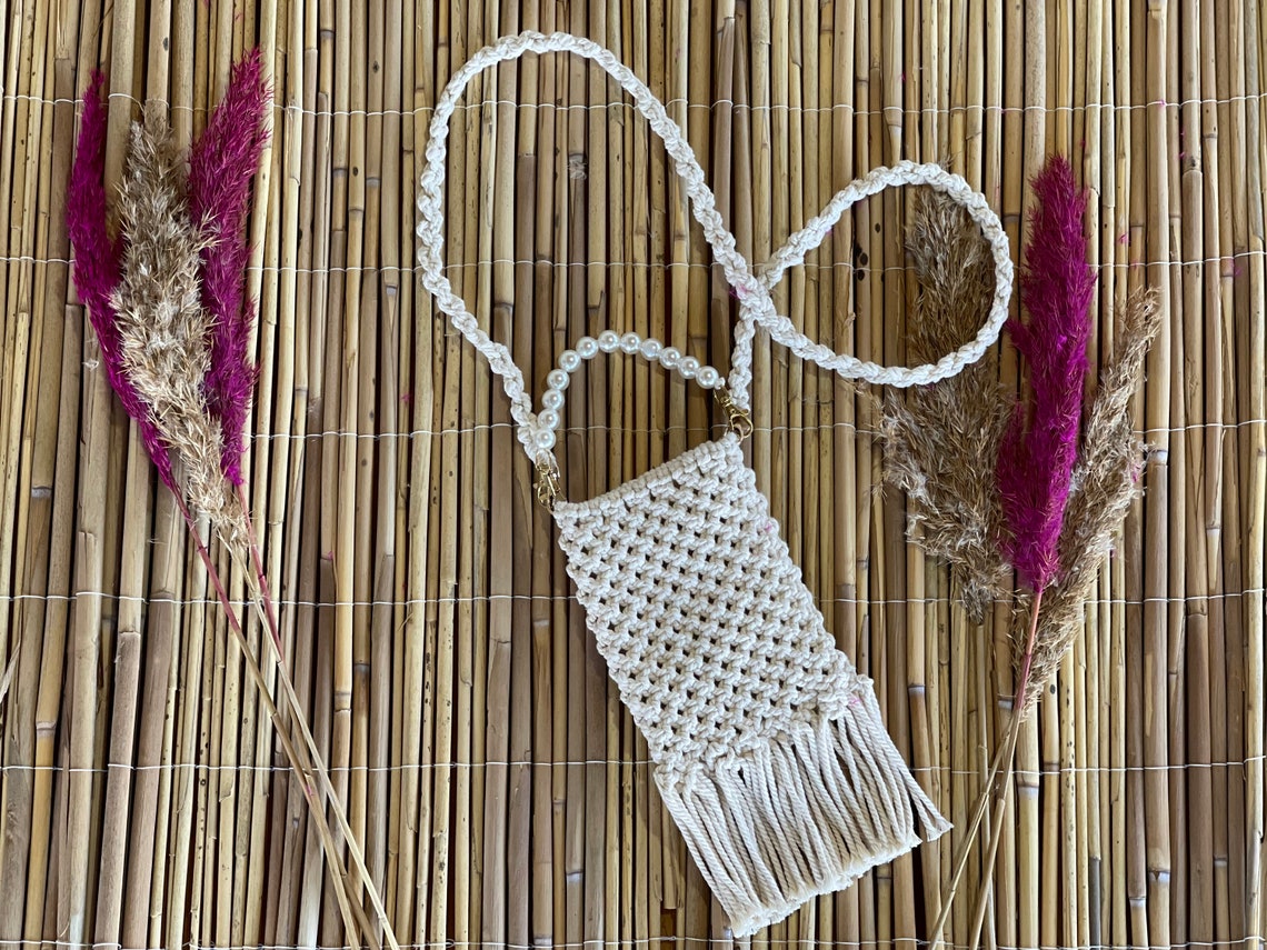 Macrame Bag / Macrame Purse / Macrame Cell Phone Bag With Pearl Chain ...