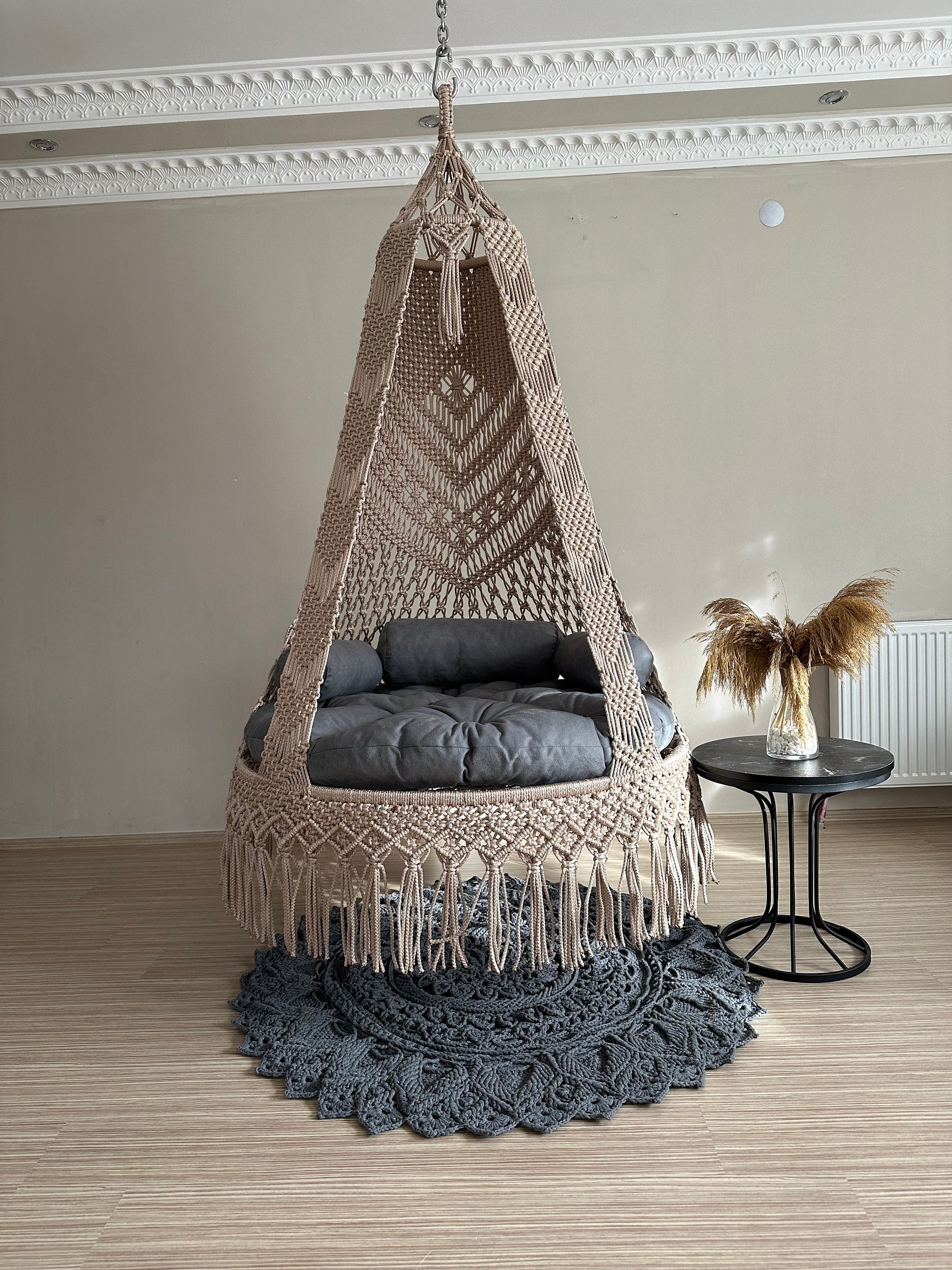 Macrame Swing Swing Cushion and Macrame Rug 3 Piece Full Set | Hanging ...