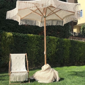 Macrame Beach Umbrella, With Umbrella Frame, Beige Fringed Beach ...
