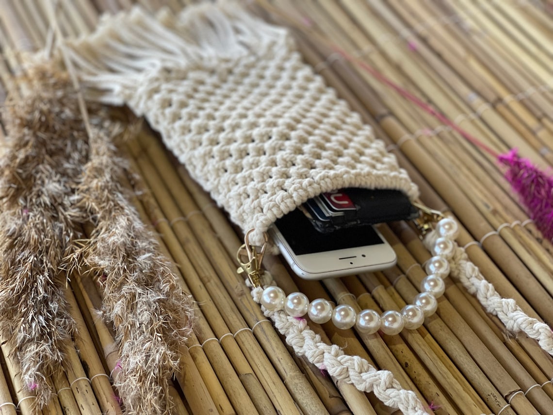 Macrame Bag / Macrame Purse / Macrame Cell Phone Bag With Pearl Chain ...