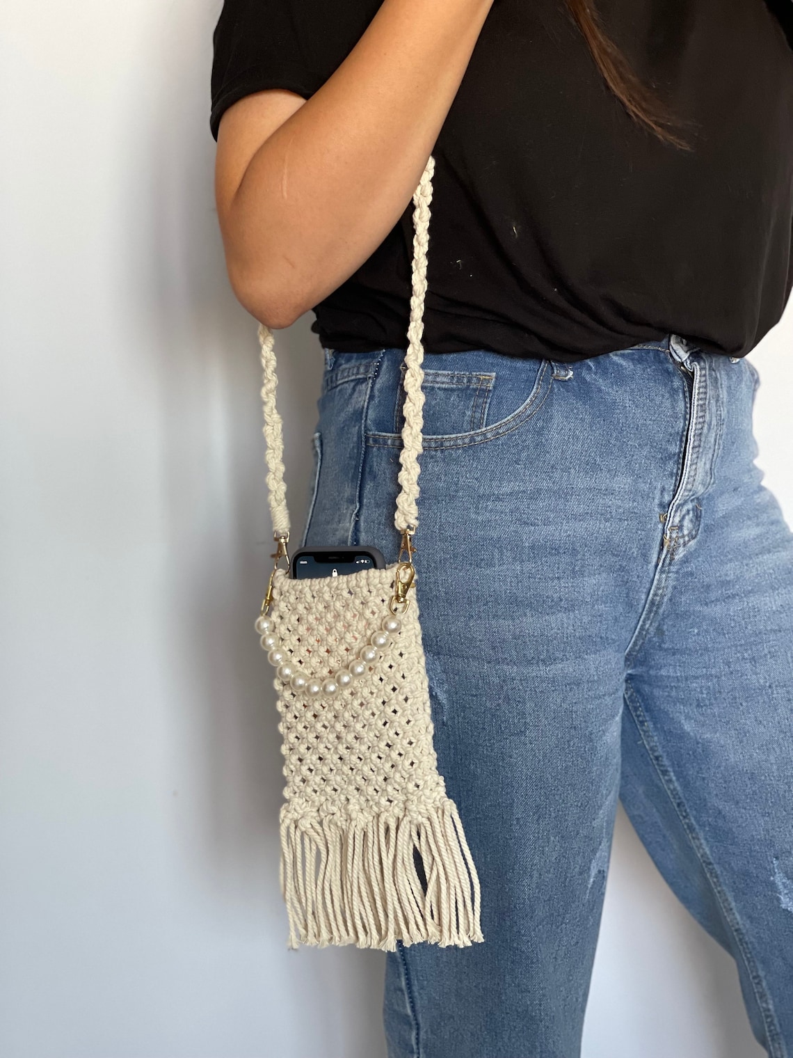 Macrame Bag / Macrame Purse / Macrame Cell Phone Bag With Pearl Chain ...