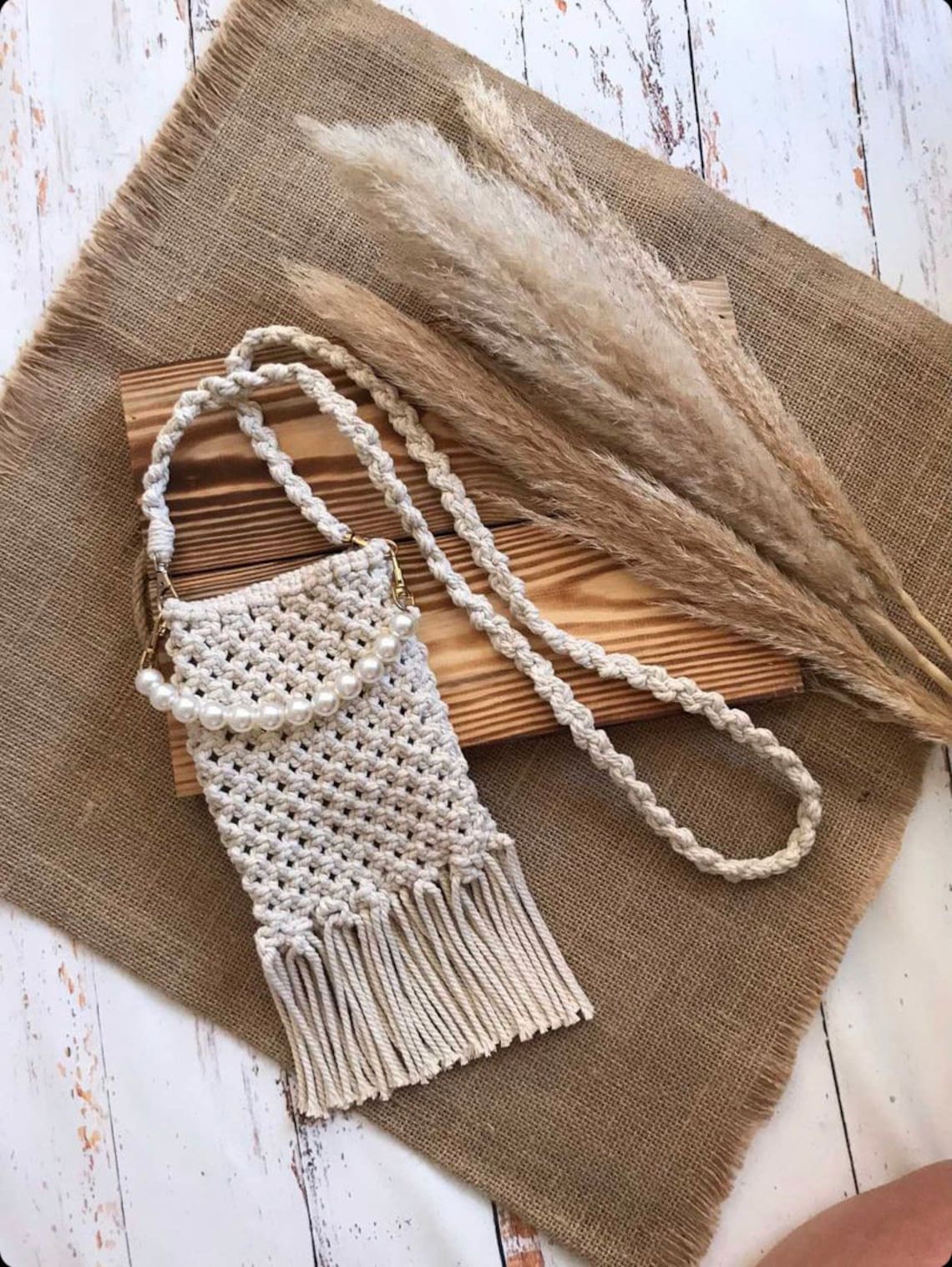 Macrame Bag / Macrame Purse / Macrame Cell Phone Bag With Pearl Chain ...