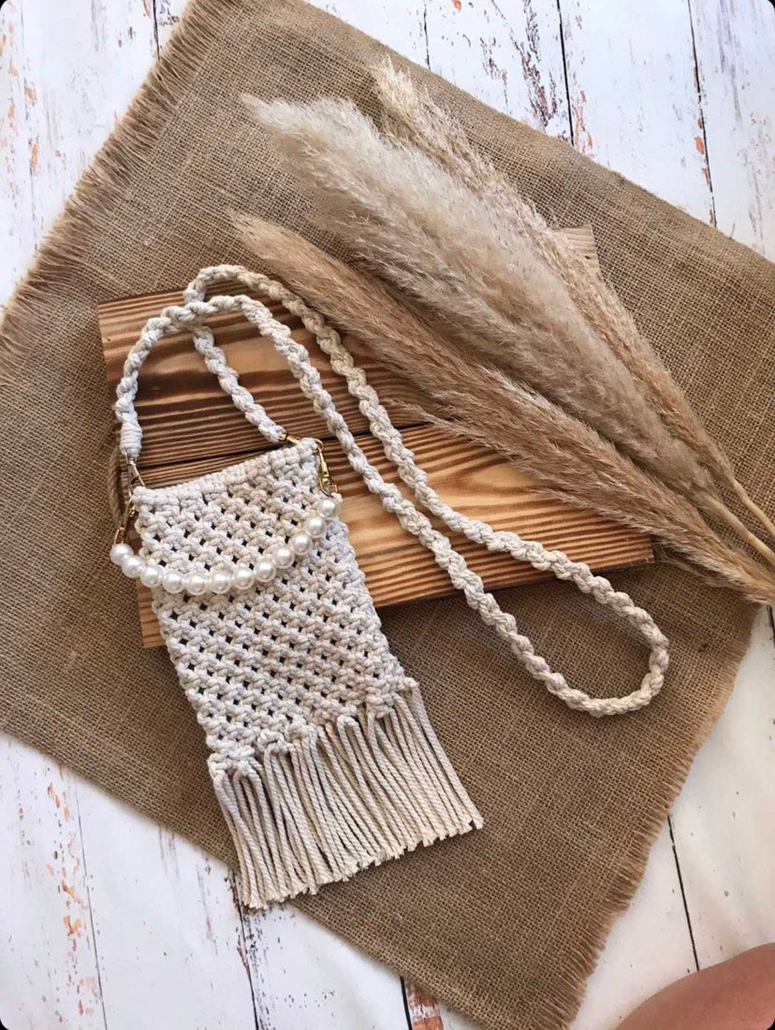 Macrame Bag / Macrame Purse / Macrame Cell Phone Bag With Pearl Chain ...