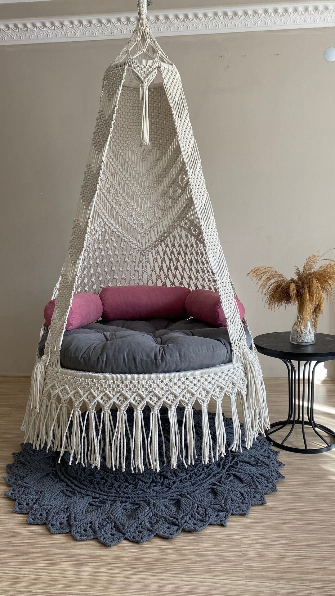 Hanging Macrame Swing Hammock With Colorful Cushions | Cotton Macrame ...