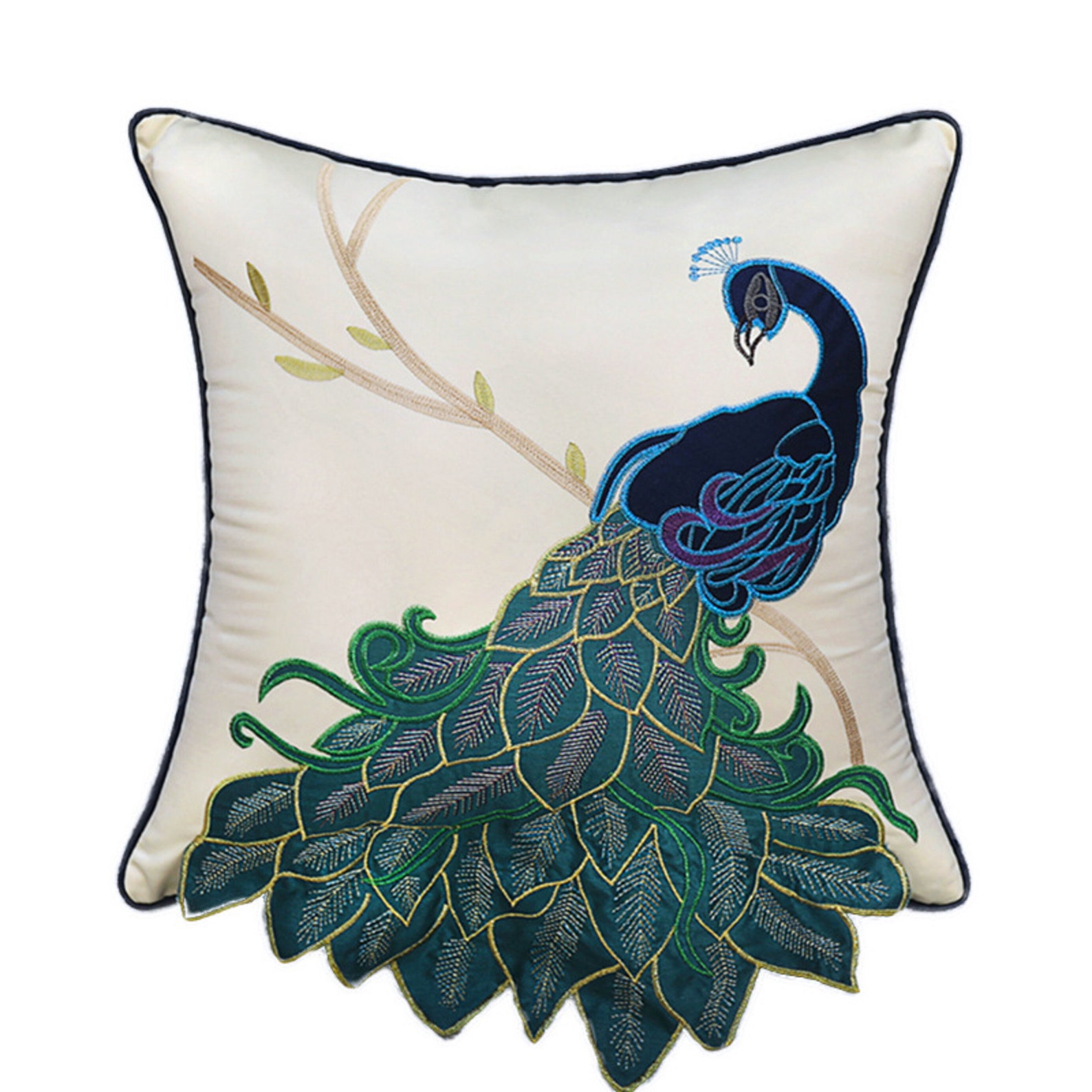Chinoiserie Decorative Peacock Pillow Coverembroidered Pillow Etsy