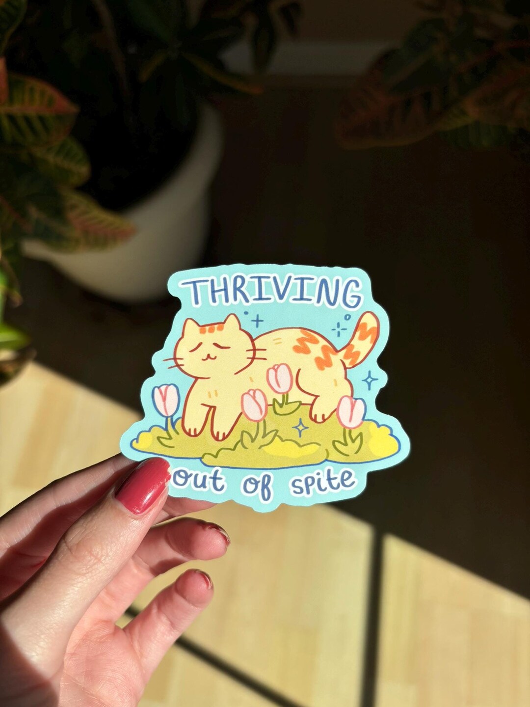 Thriving Out of Spite Cat Holographic Matte Vinyl Sticker | Cute Kawaii ...
