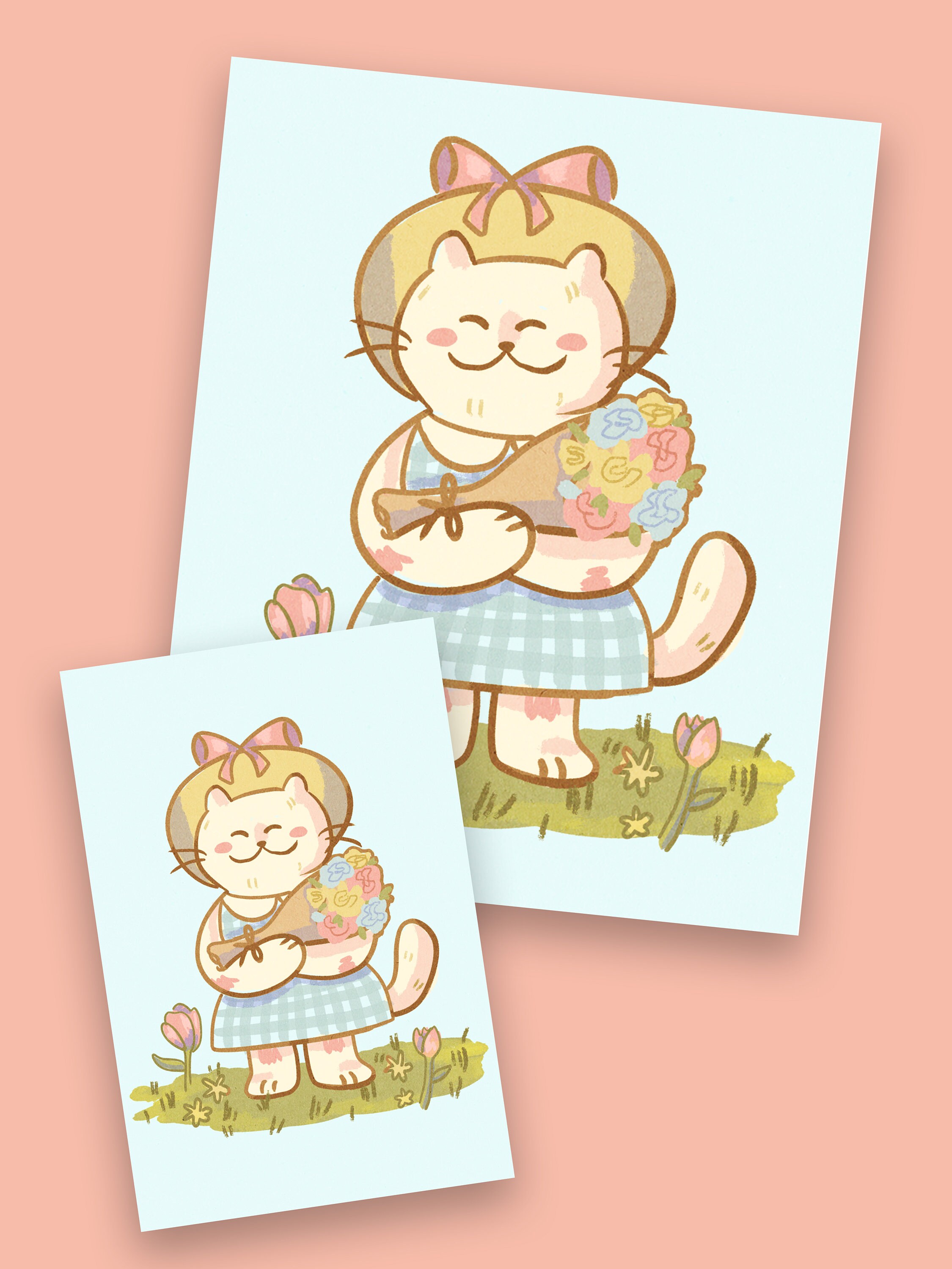 Spring Cat Art Print 6x4 8x10 Kawaii Glossy Mini Original Illustration ...