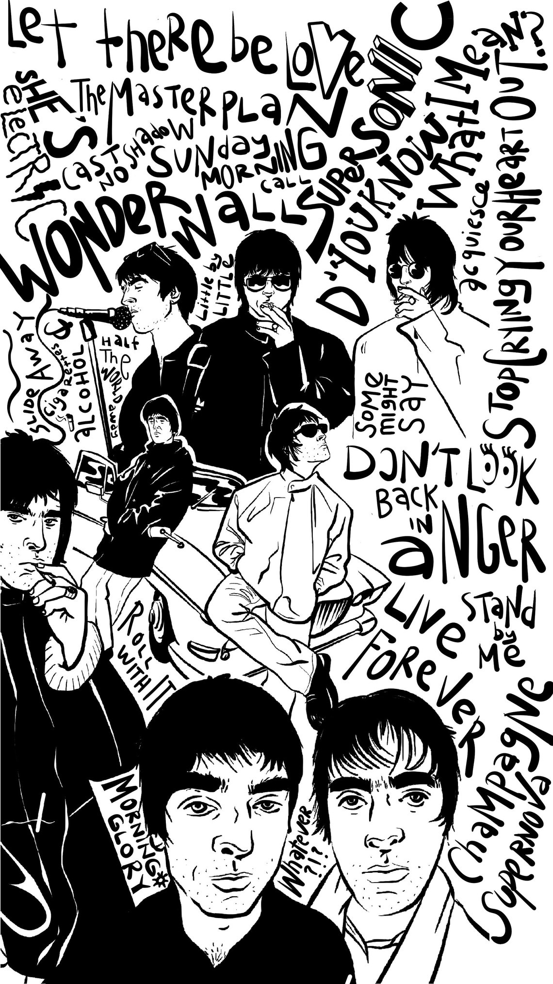 Oasis Band Lyrics Wall Art Hand-drawn Black and White Poster Liam ...