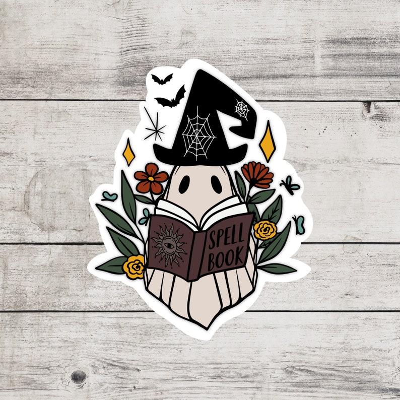 Ghost & Spell Book Sticker, Reader, Halloween Fall Stickers, Bookworm ...
