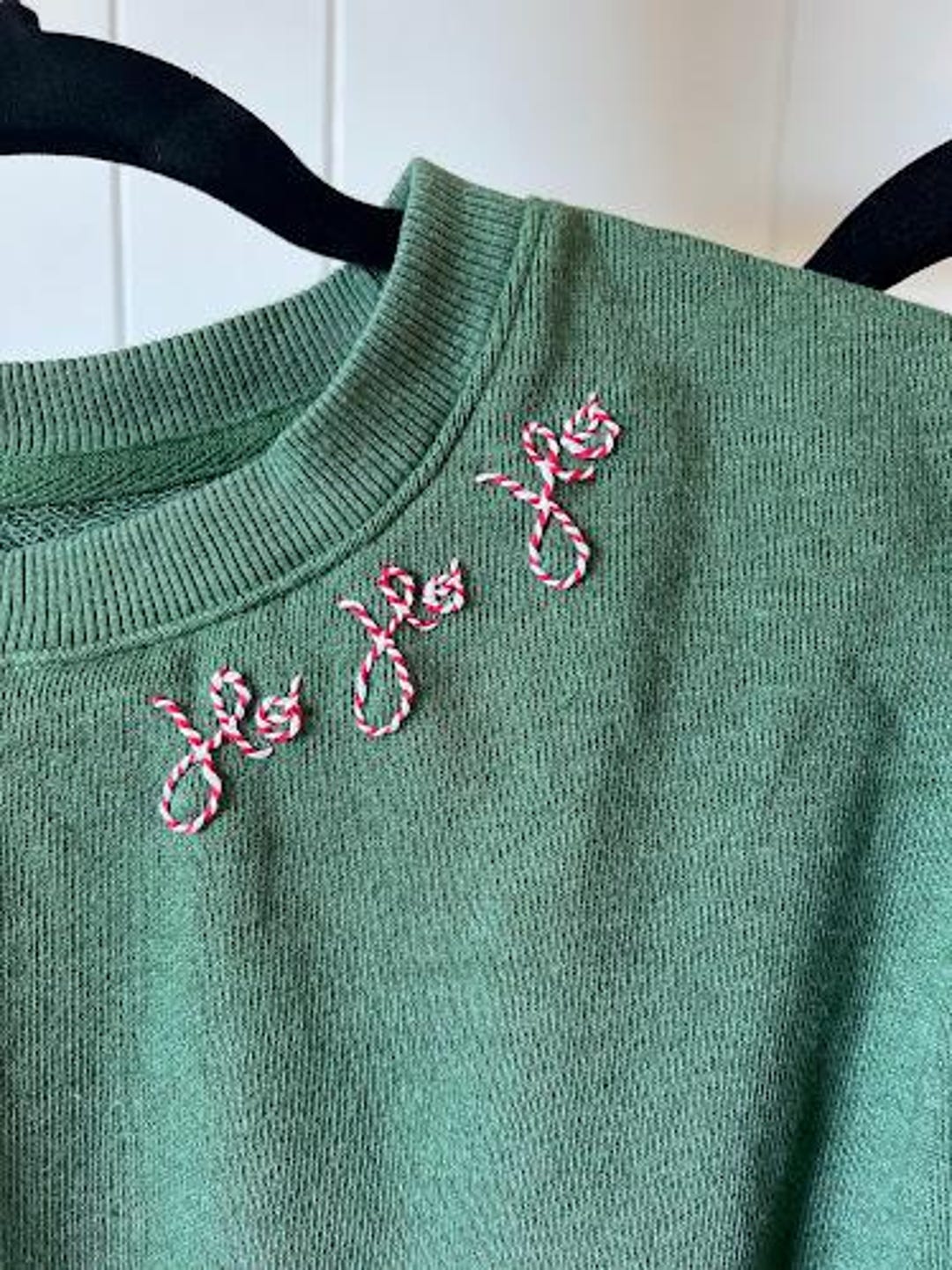 Hand Embroidered Candy Cane Ho Ho Ho Christmas Green Sweatshirt Sweater ...