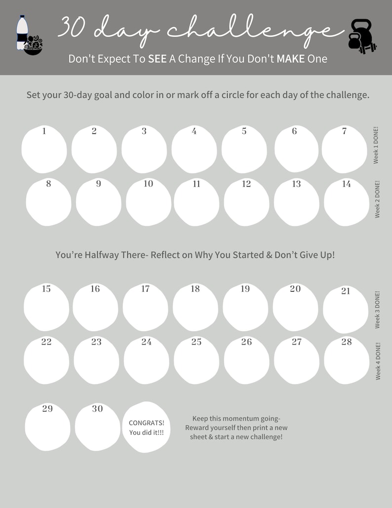 Printable 30-day Challenge Tracking Sheet for Achieving Healthy Goals ...