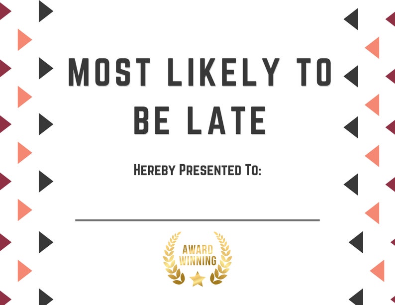 Printable Work Award / Certificate for Fun - Late - Etsy