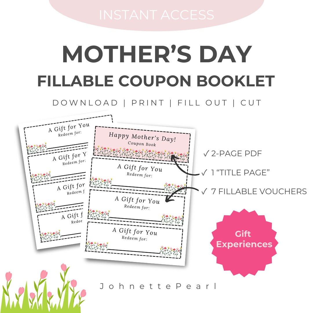 Mother's Day Fillable Coupon Booklet (2-pages) - Etsy