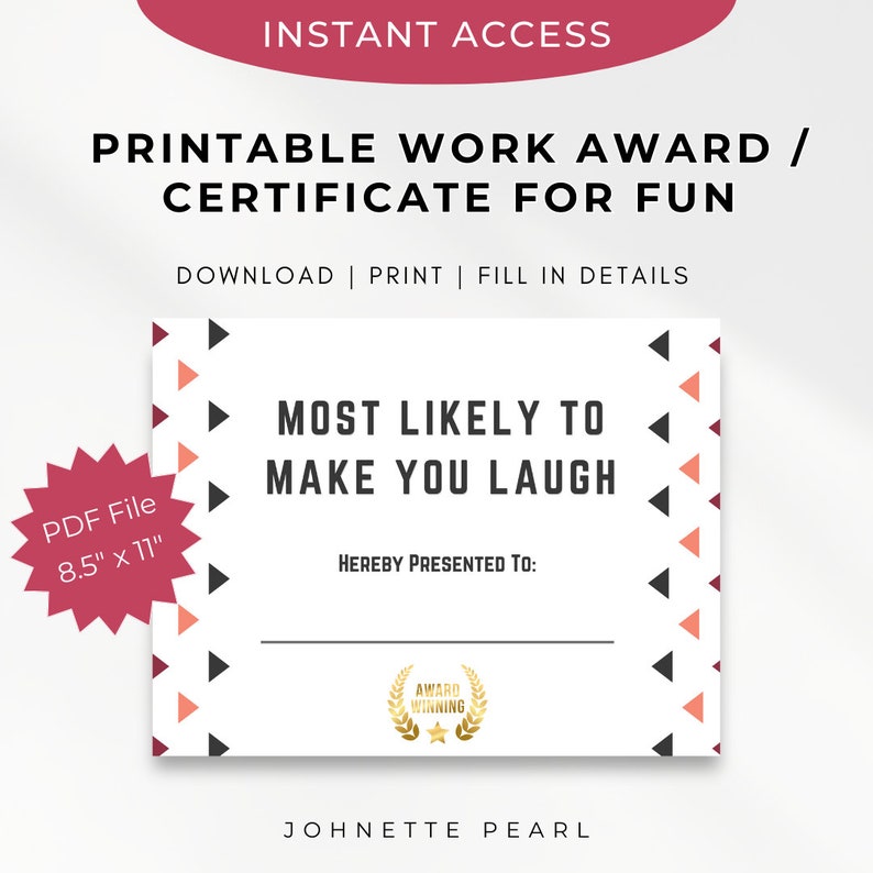 Printable Work Award / Certificate for Fun Laugh - Etsy Australia