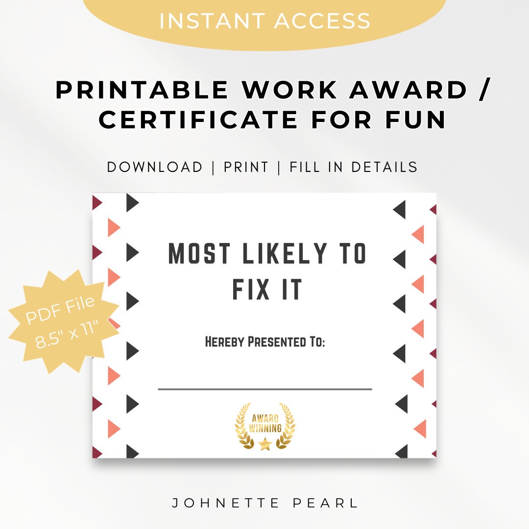 Printable Work Award / Certificate for Fun - Fix It - Etsy