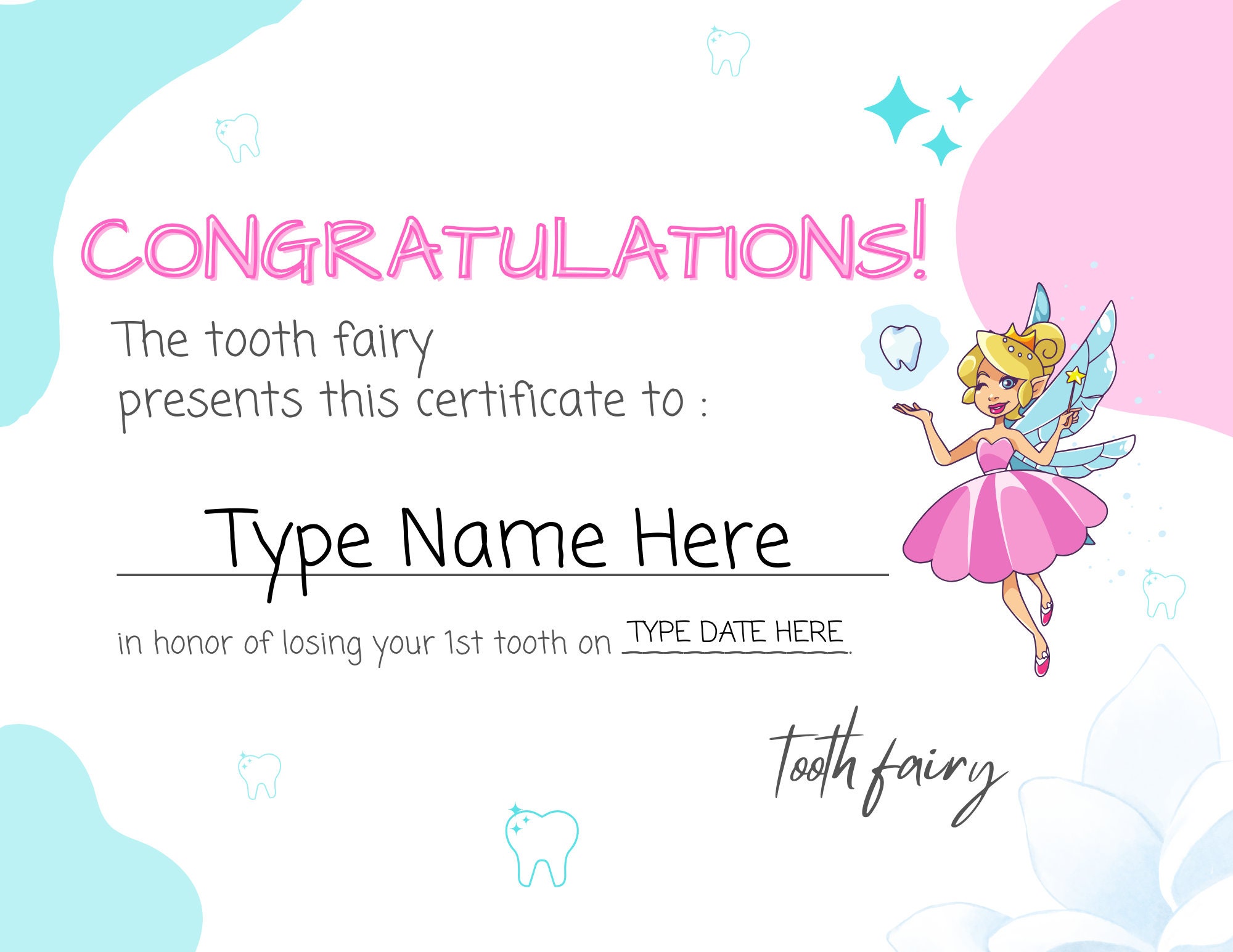 Editable Tooth Fairy Certificate - Etsy