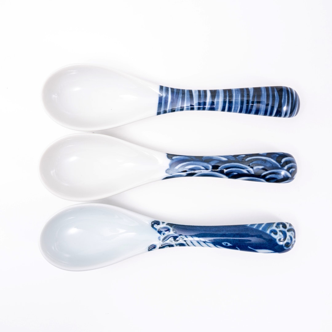 Made in Japan Mino Ware Porcelain White and Blue Hand Painted Soup Spoon/ Pho Spoon / Japanese ...