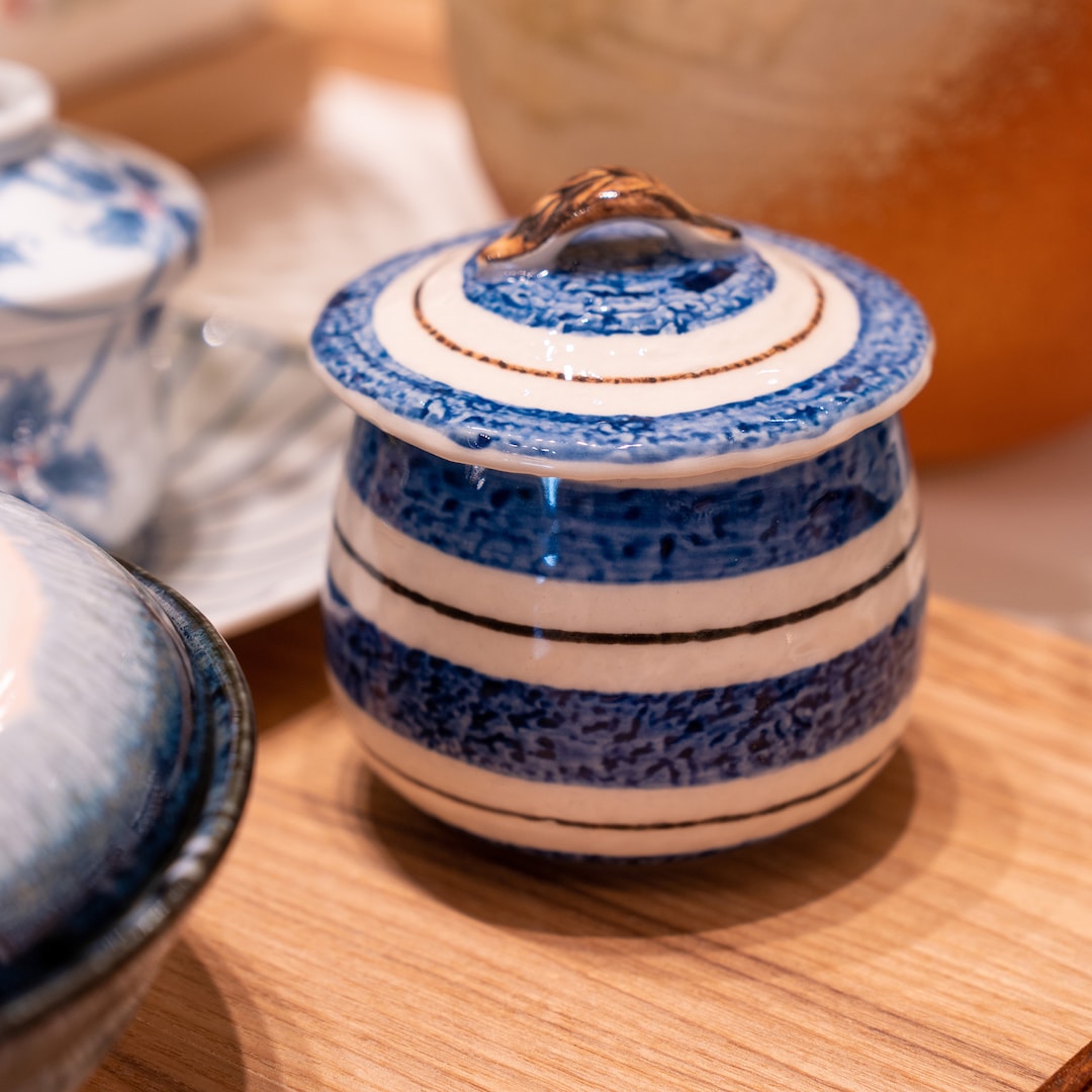 Handmade Seto-yaki Blue Wide Striped Cup With Lid Chawanmushi Bowl ...