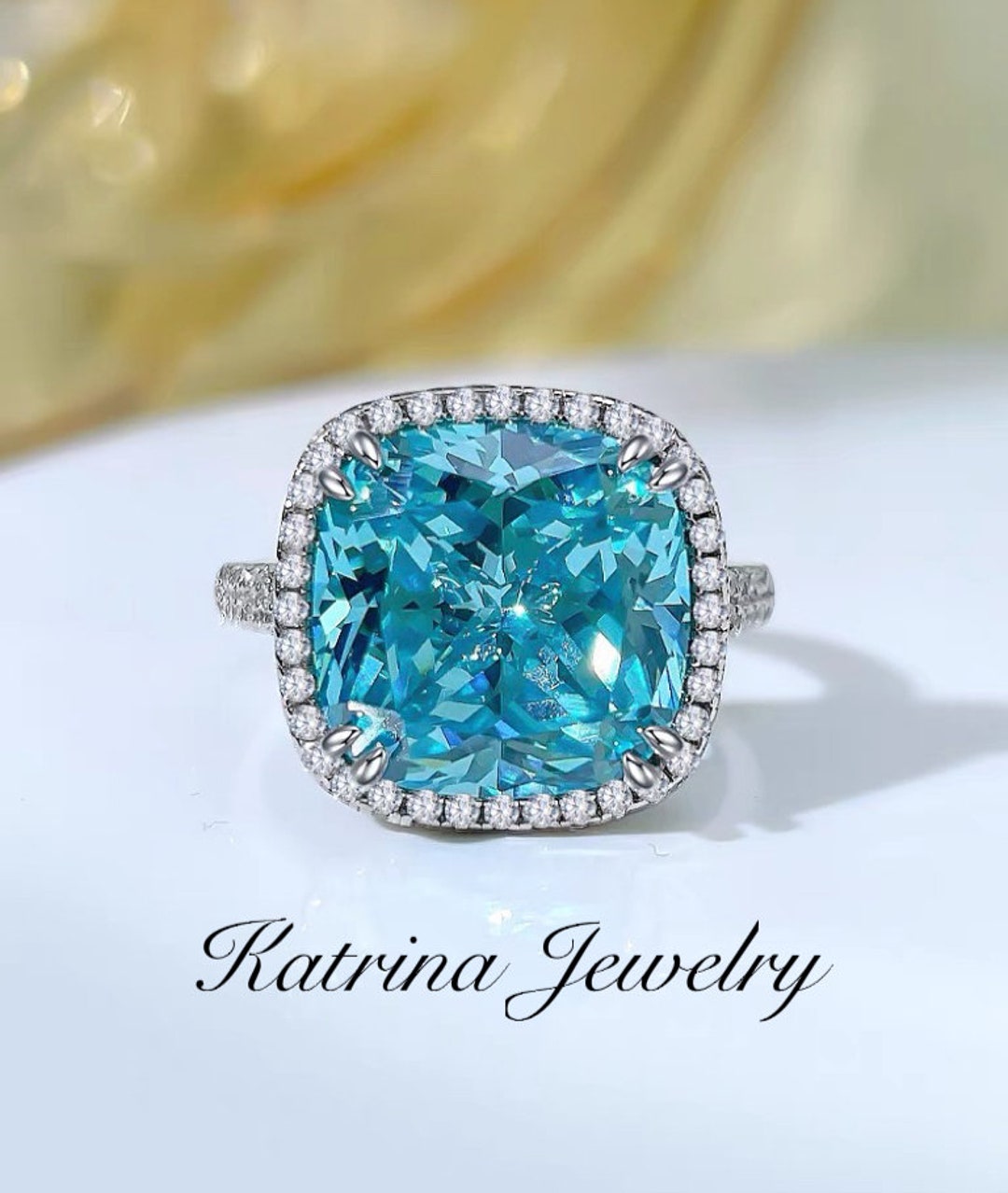 Blue Paraiba Tourmaline Square Halo Ring for Women, Lab Grown Blue ...