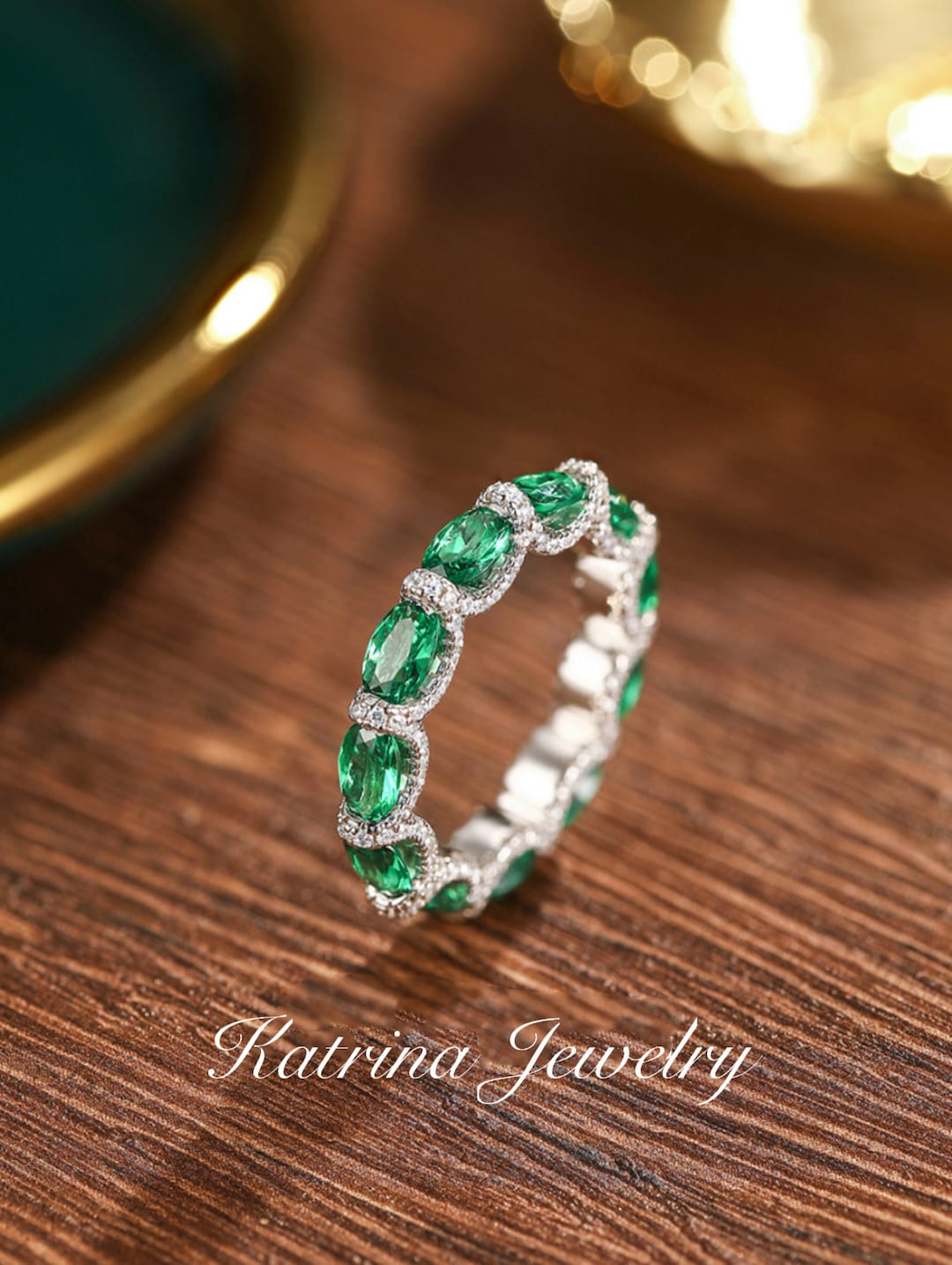 Eternity Emerald Green Oval Cut Silver Ring for Women, Lab Grown ...