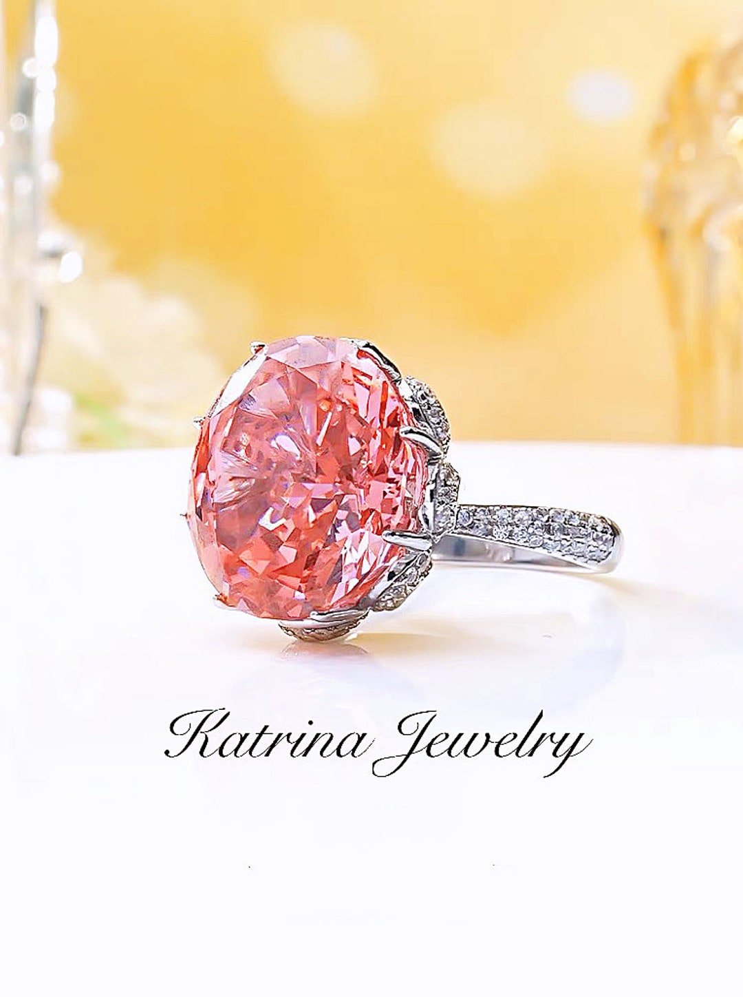 12CT Padparadscha Pink Orange Oval Cut Diamond Ring Lab Grown ...