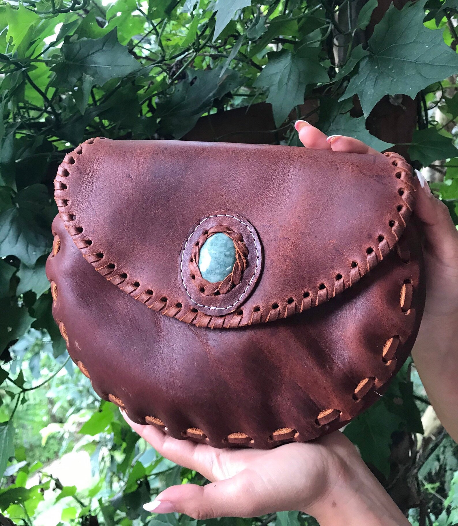 Handmade Leather Bag With Jade Stone, Leather Bag, Jade Stone Purse ...