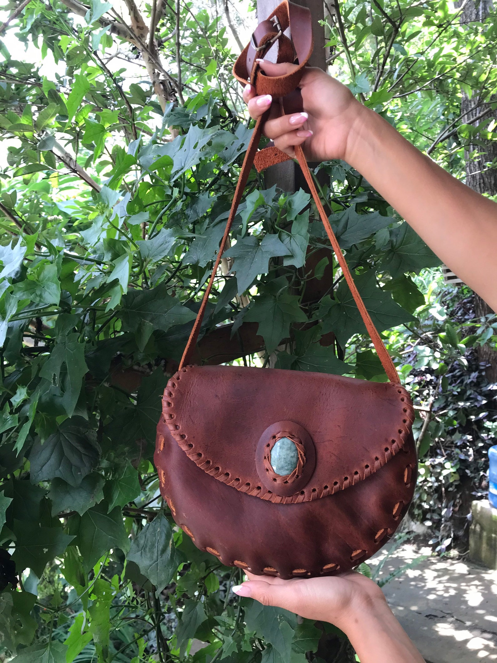Handmade Leather Bag With Jade Stone, Leather Bag, Jade Stone Purse ...