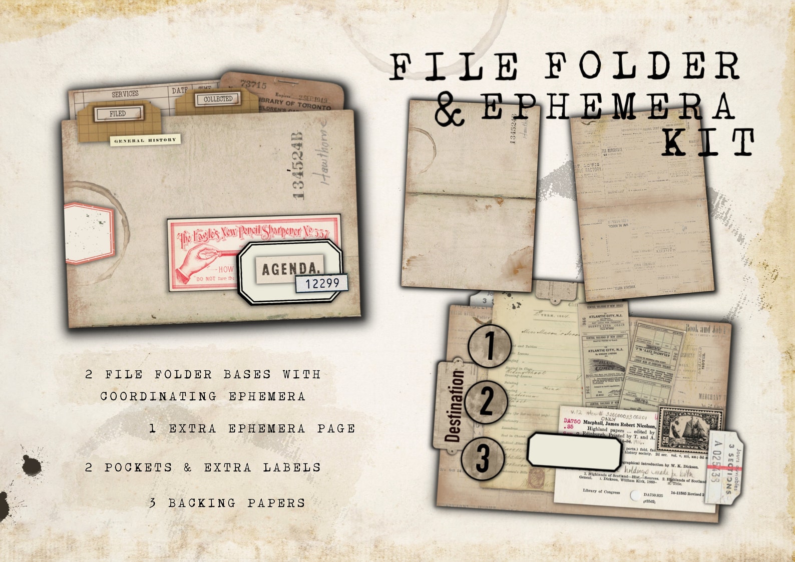 Printable Vintage File Folder Pocket and Ephemera Kit for Junk Journals ...