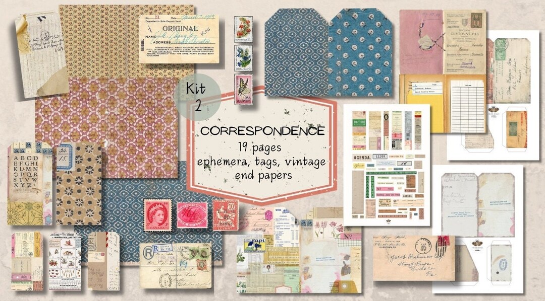Printable Correspondence Kit, Ephemera, Tags and Vintage End Papers for ...